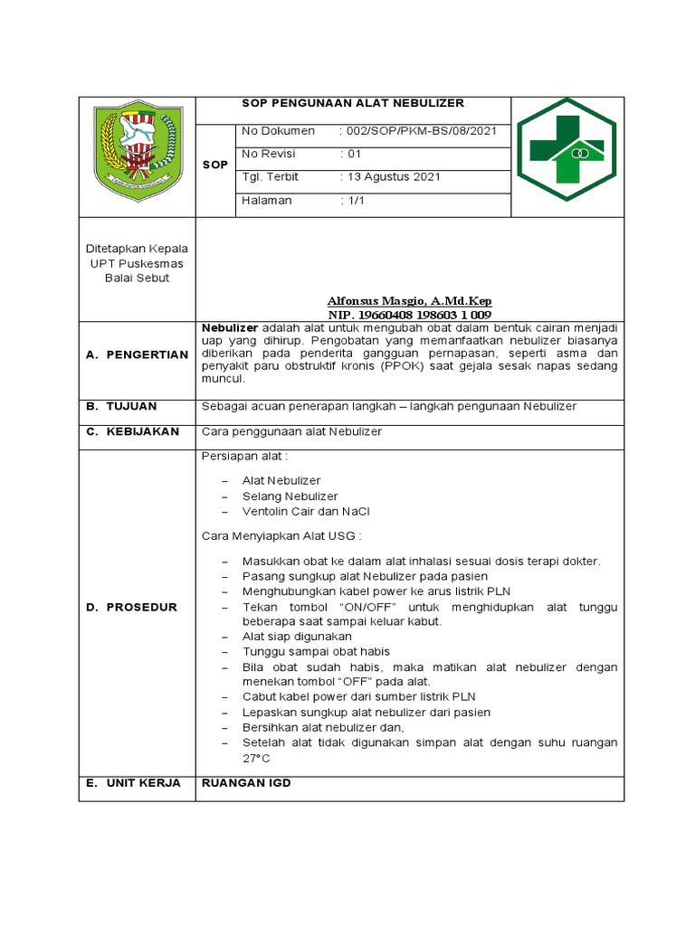 SOP Penggunaan Alat Nebulizer | PDF | Kesehatan Holistik