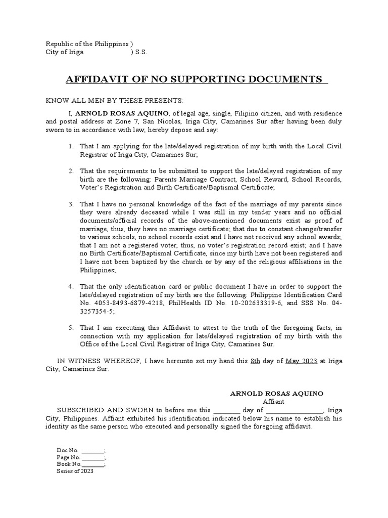 Affidavit No Supporting Documents-Arnold Aquino | PDF | Affidavit ...