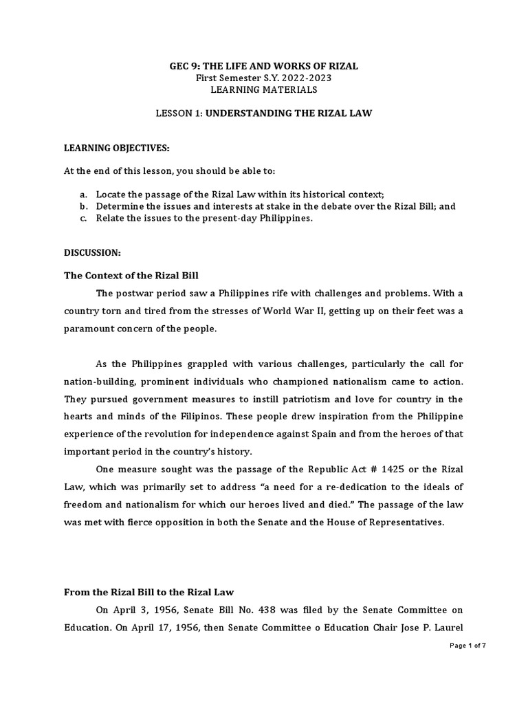 Lesson 1 Understanding Rizal Law | PDF | Philippines