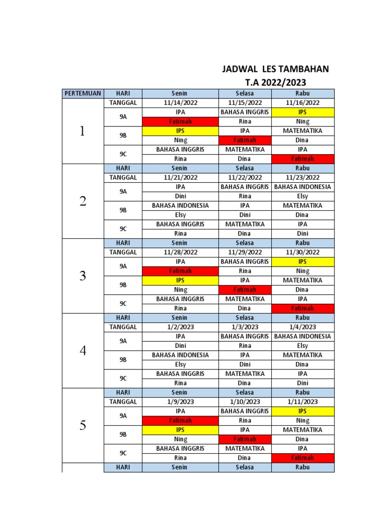 Jadwal Pelajaran Les Tambahan | PDF