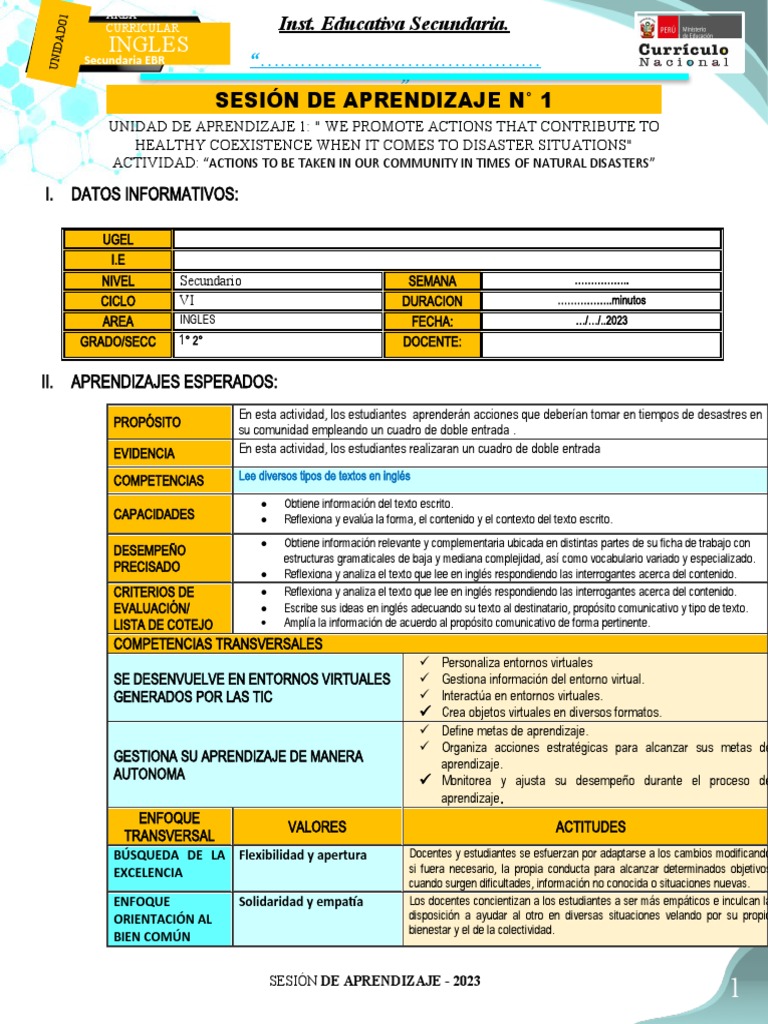 Sesion Ingles 1° 2° Sec-Semana 01. | PDF | Aprendizaje | Evaluación