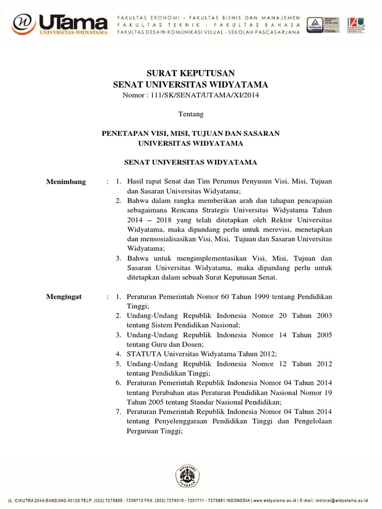 SK SENAT No.111 Tentang Penetapan Visi, Misi, Tujuan Dan Sasaran Dilingkungan UTama | PDF