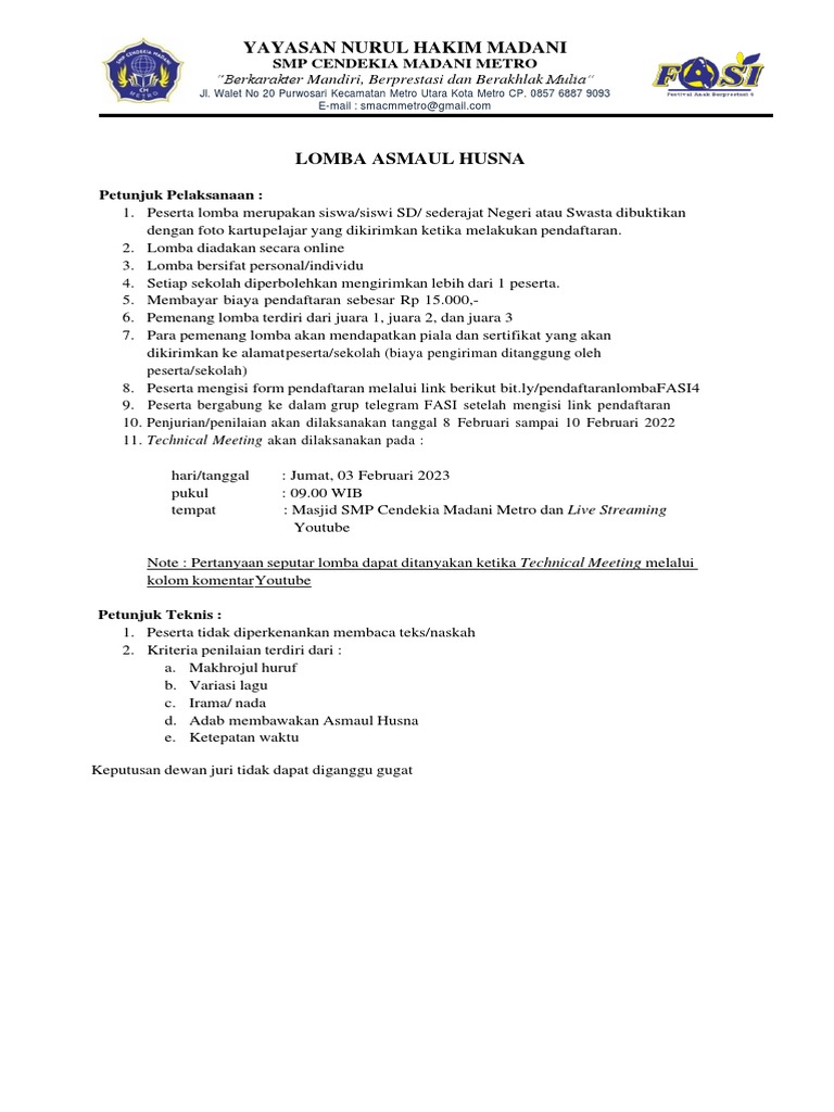 Juknis Lomba Asmaul Husna Fasi 4 | PDF