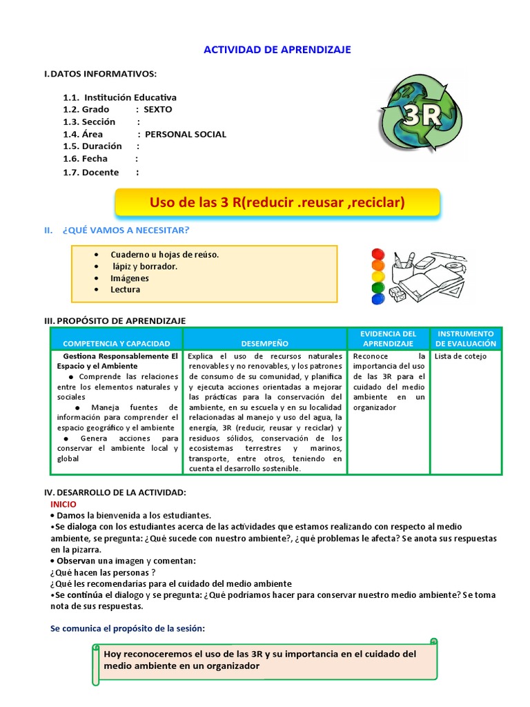 D1 A2 SESION PS. Uso de Las 3 R (Reducir .Reusar, Reciclar) | PDF ...