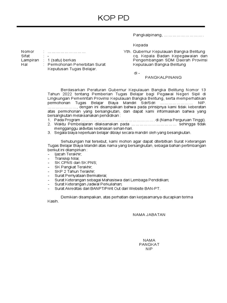 Draft Surat Permohonan SK Tugas Belajar | PDF