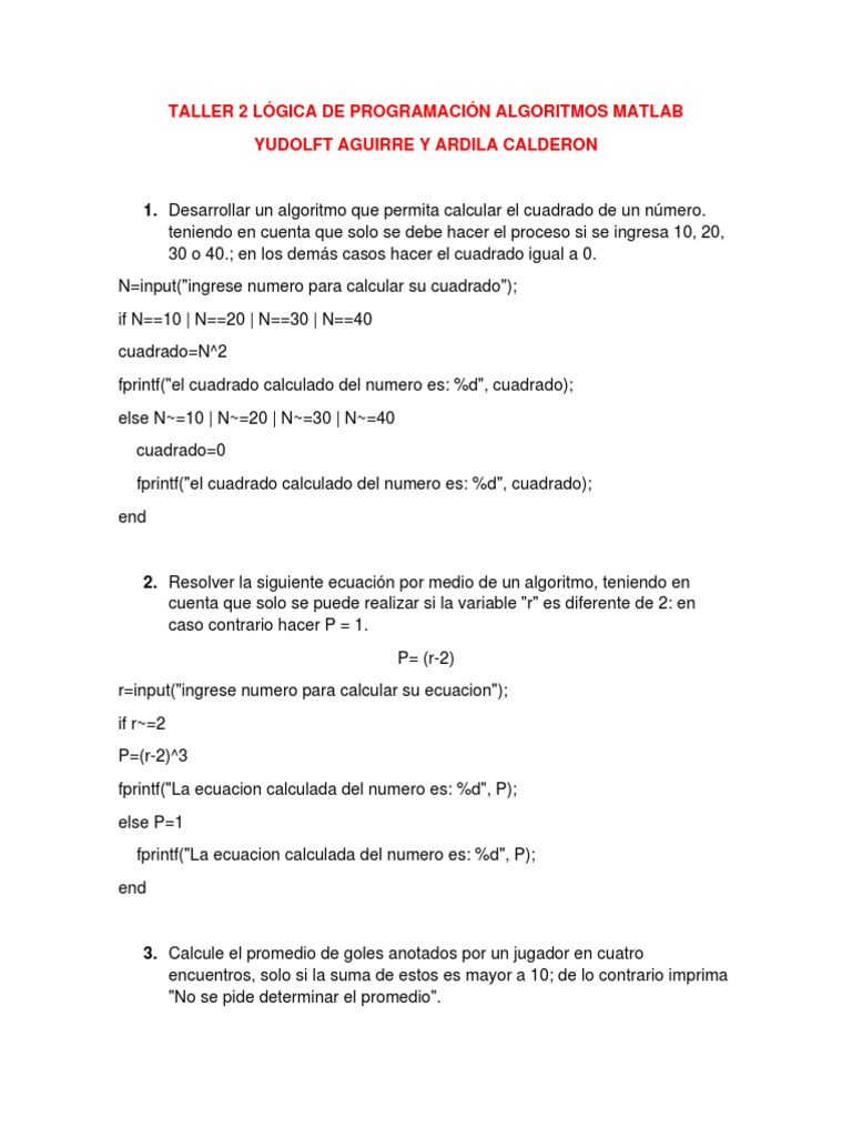 Taller 2 Lógica de Programación Algoritmos Matlab | PDF | Salario