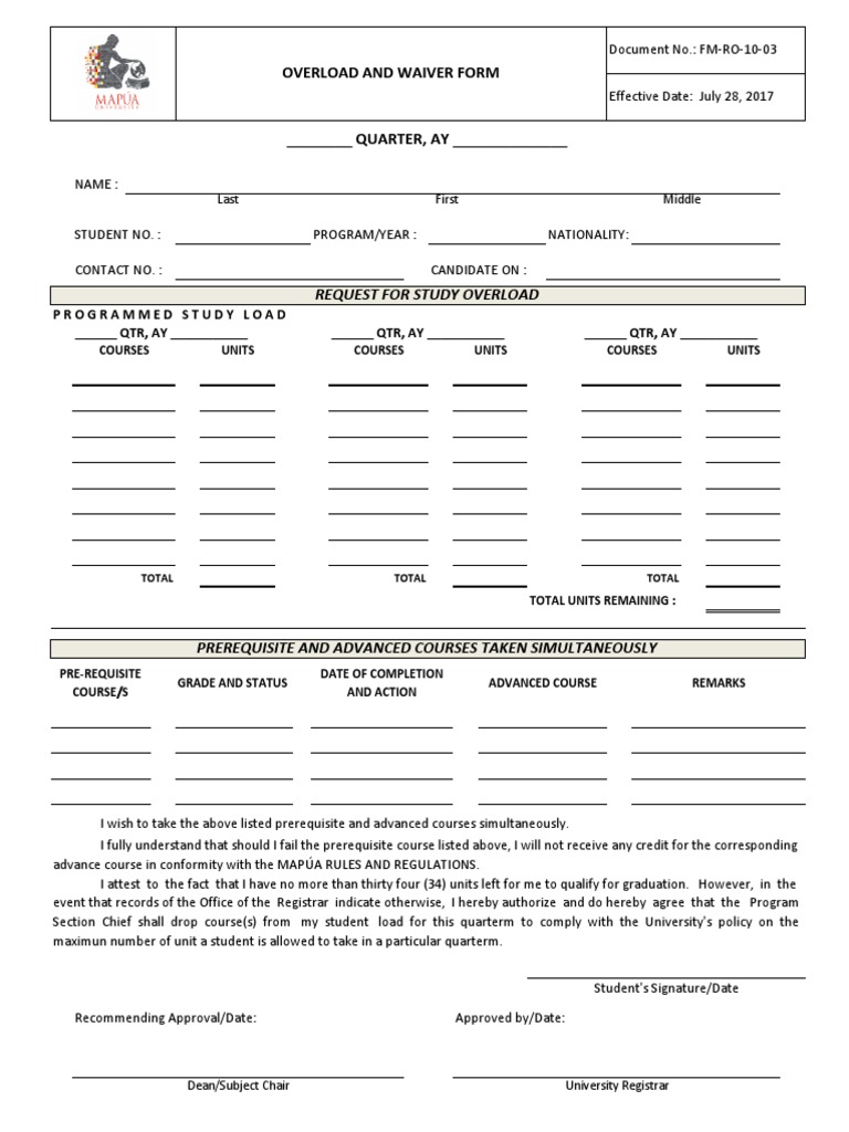 Fm-Ro-10-03 - Overload and Waiver Form | Download Free PDF | Justice | Crime & Violence