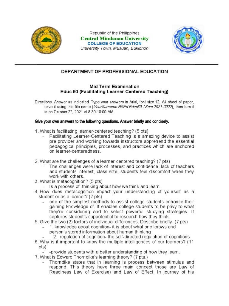 Educ60 FLCT MidtermExam 1stsem 2021-2022 WASIL | PDF | Learning | Learning Theory (Education)