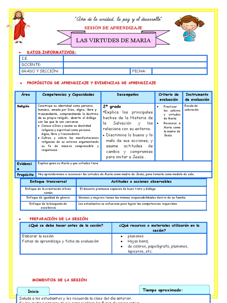 2º E3 s3 Sesión d2 Religión Las Virtudes de María | PDF | María, madre de Jesús | Evaluación