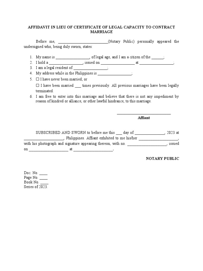 Affidavit in Lieu of Certificates of Legal Capacity To Contract ...