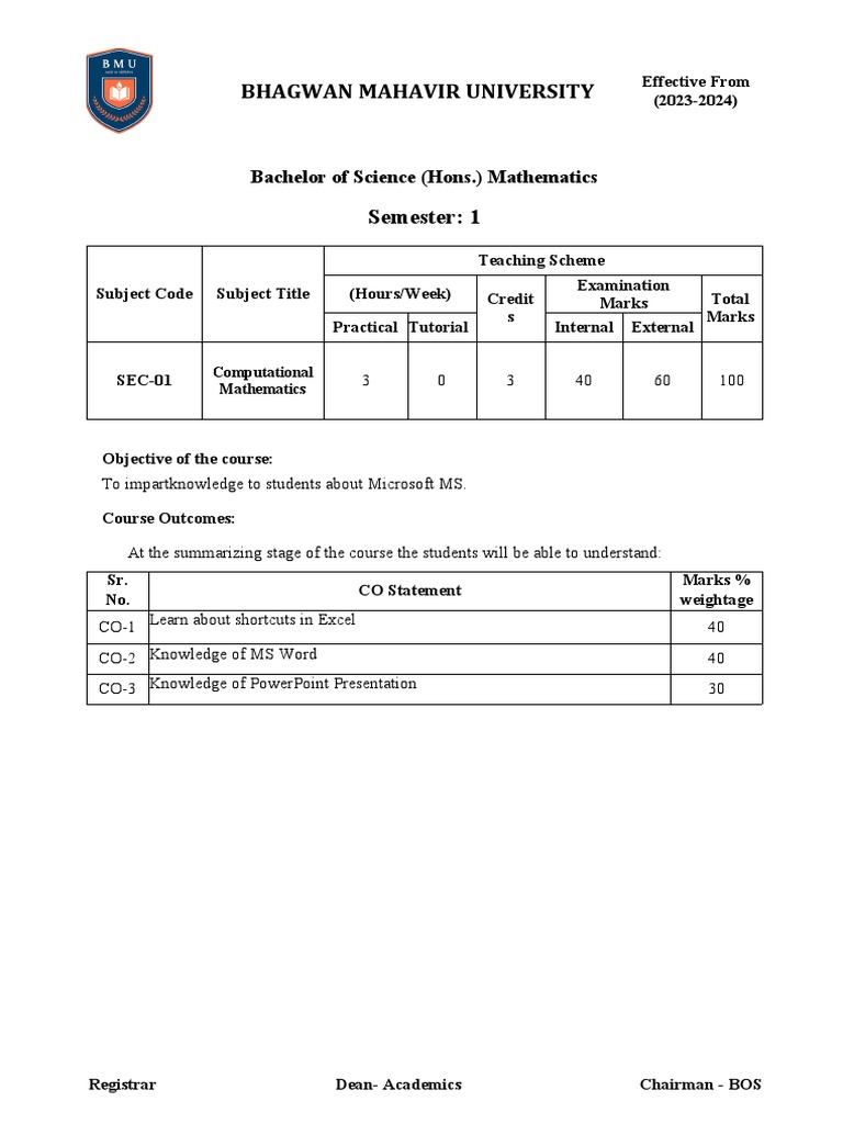 SEC-01 Computational Mathematics | PDF | Microsoft Excel | Mathematics
