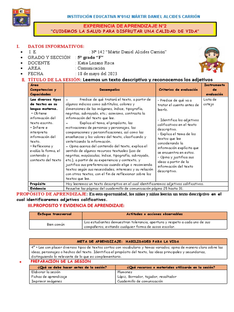 Sesion Comunicacion Leemos Un Texto Descriptivo Y Reconocemos Los
