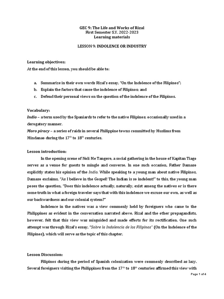Rizal's Indolence of Filipinos Explained | PDF | Philippines