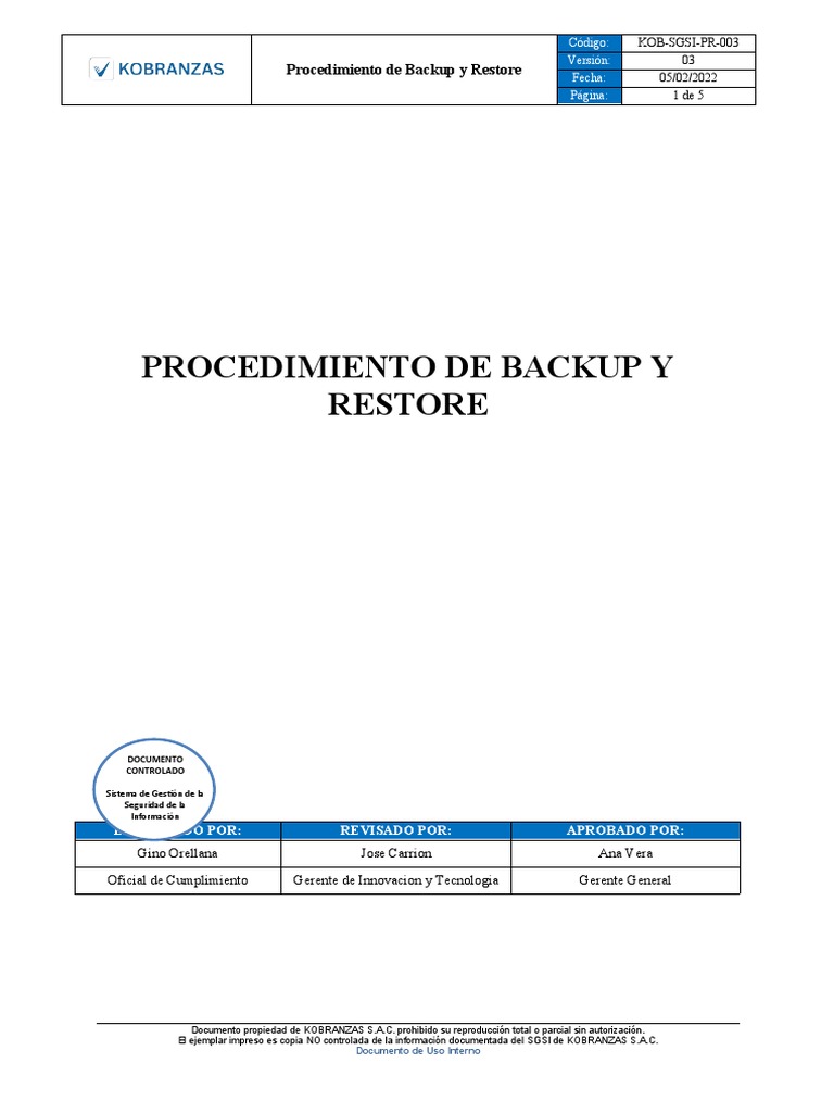 KOB-SGSI-PR-003 Procedimiento de Backup y Restore V03 | PDF | Apoyo ...