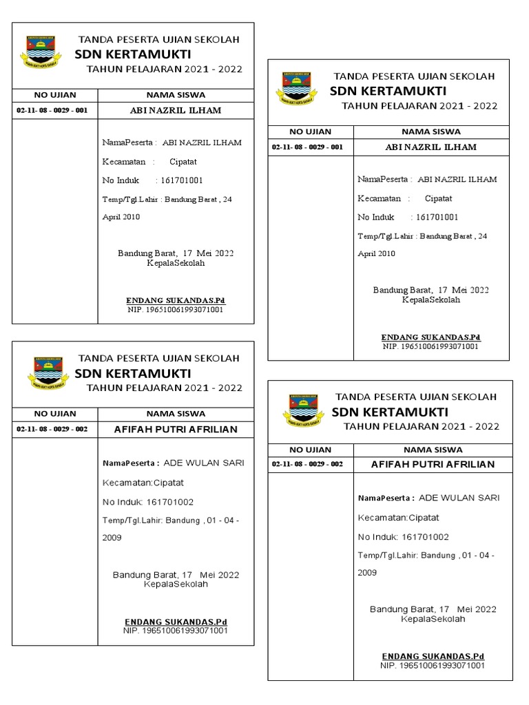 Tanda Peserta Ujian Sekolah | PDF