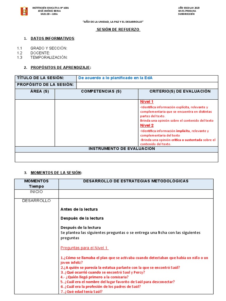 FORMATO SESIÓN-refuerzo Escolar 2023 | PDF | Evaluación | Aprendizaje