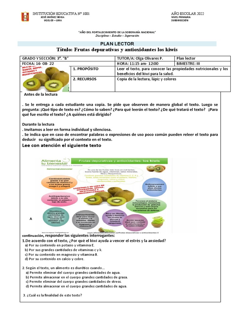 Sesion Del Plan Lector Kiwi | PDF | Nutrición | Dieta y nutrición