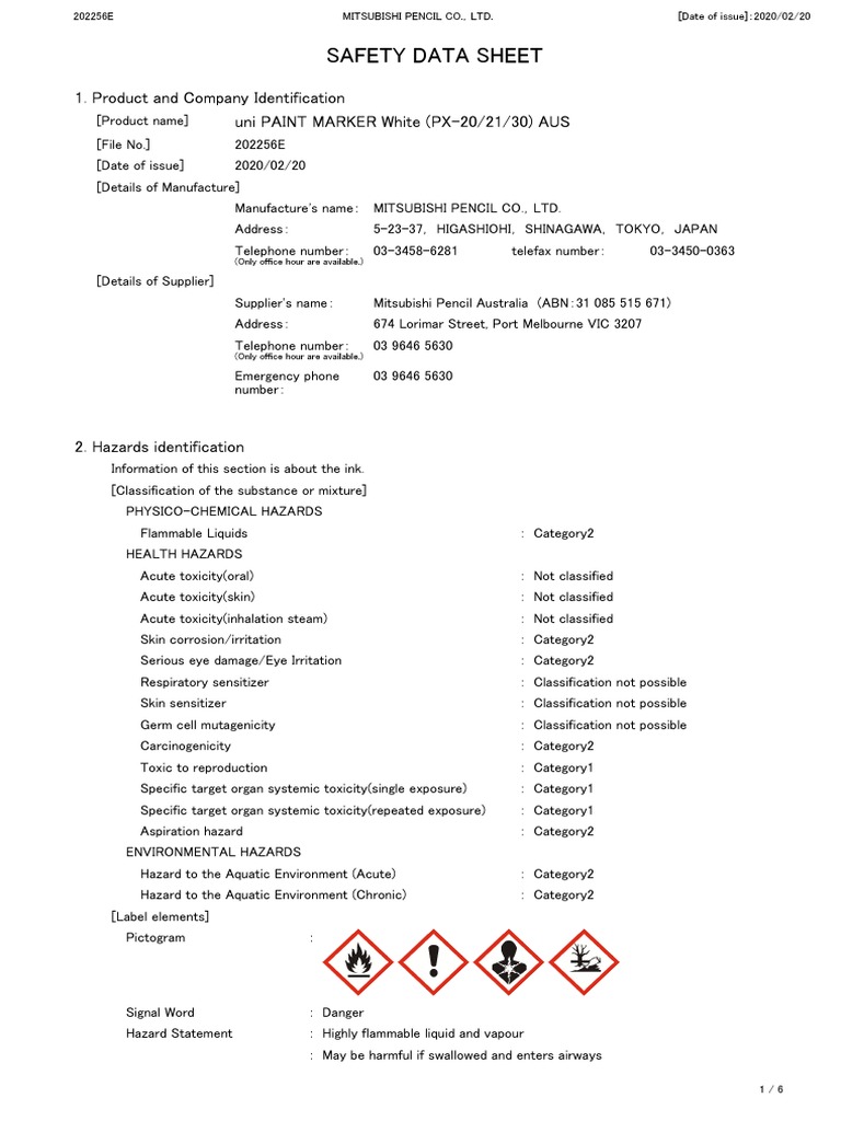 Uni PX-30 Paint Marker SDS | PDF | Toxicity | Hazards