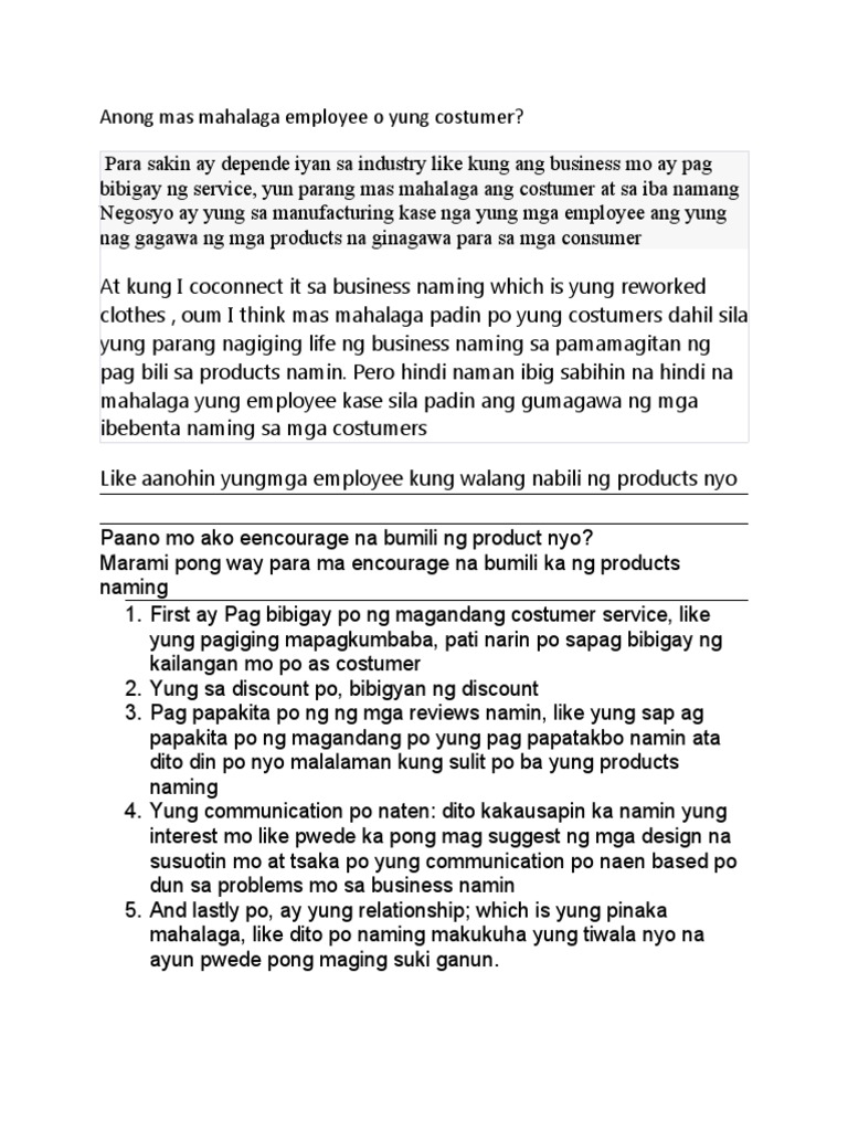 Anong Mas Mahalaga Employee o Yung Costumer | PDF