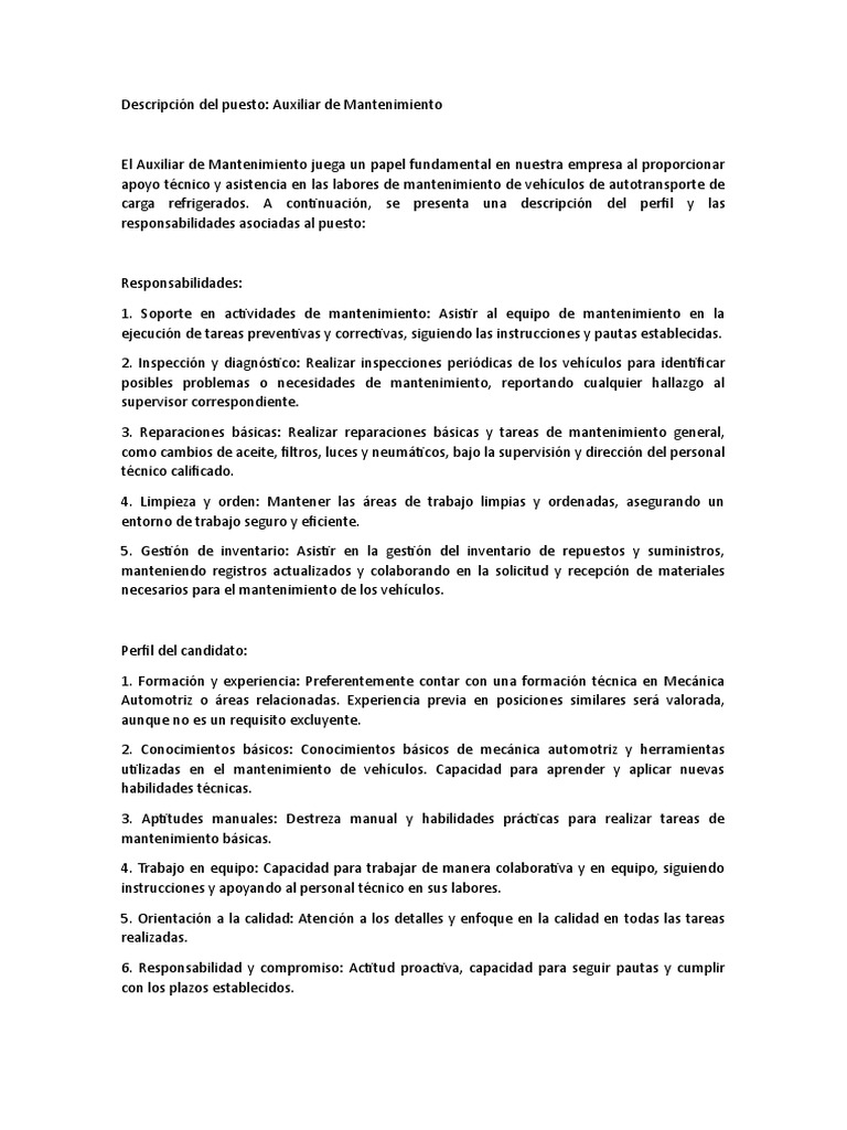 Perfil de Puesto Auxiliar de Mantenimiento | PDF | Experiencia
