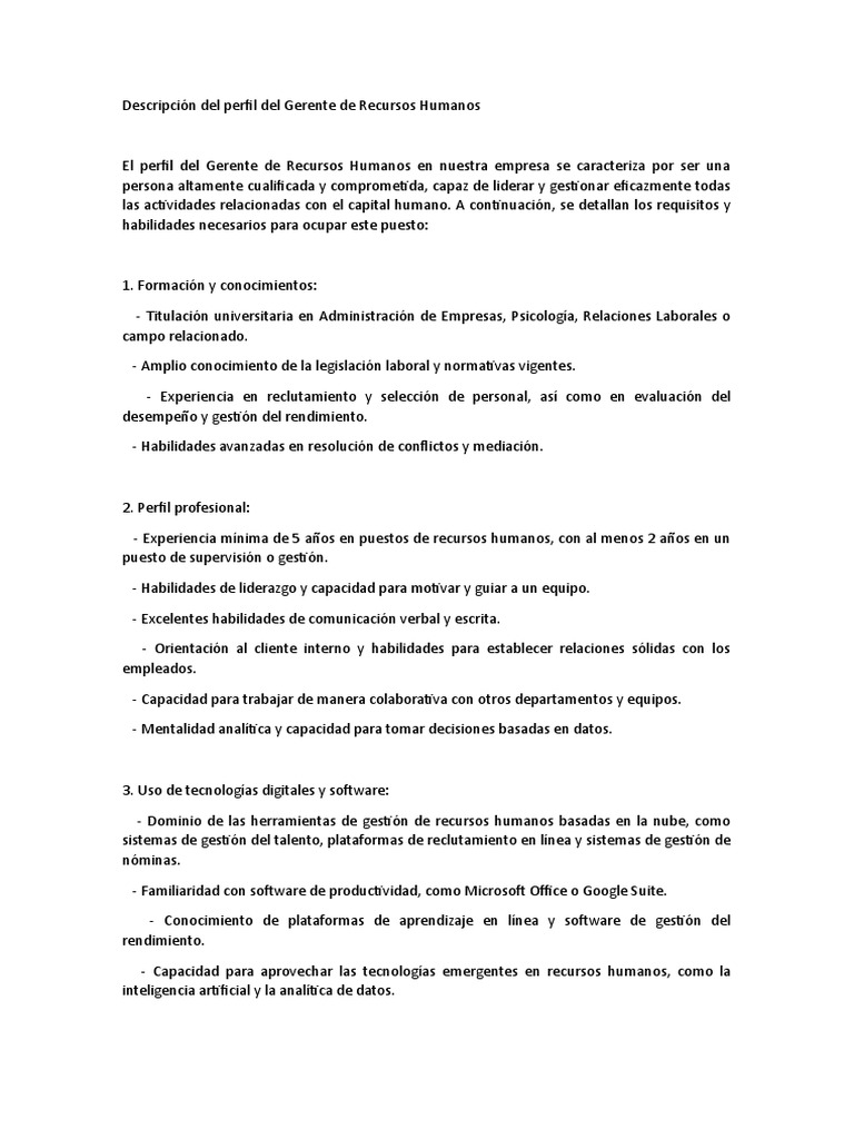 Perfil de Puesto Recursos Humanos | PDF | Gestión de recursos humanos | Economias