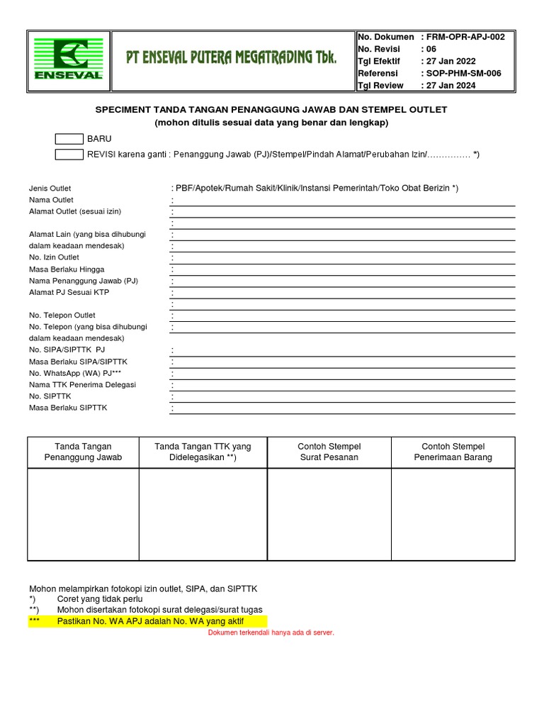 00 FRM-OPR-APJ-002 Form Speciment Tandatangan APJ & Stempel Outlet R6 | PDF