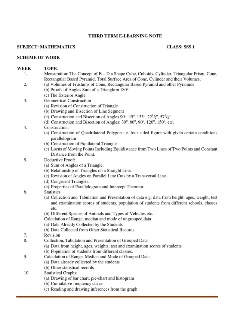 Third Term SS 1 Mathematics Lesson Note 1 | PDF | Triangle | Rectangle