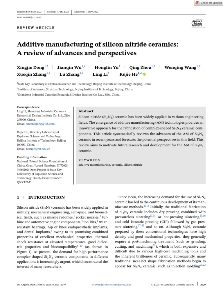 Int J Applied Ceramic Tech - 2022 - Dong - Additive Manufacturing of ...