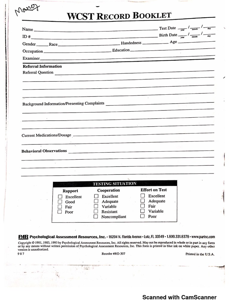 WCST - Response Sheet | PDF