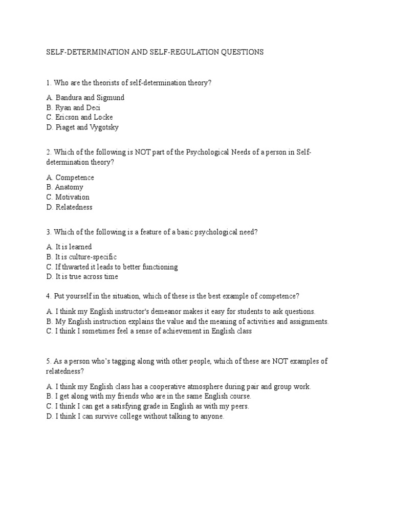 Self-Determination and Regulation Quiz | PDF | Self-Management | Self ...