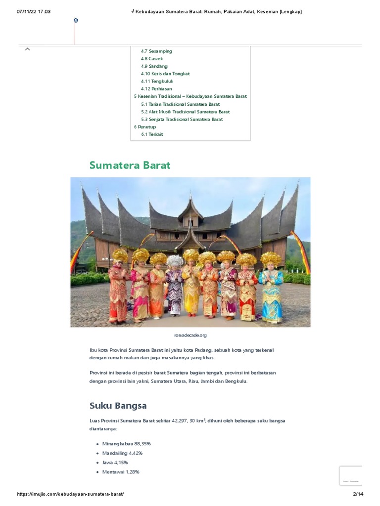 Kebudayaan Sumatera Barat - Rumah, Pakaian Adat, Kesenian (Lengkap) | PDF