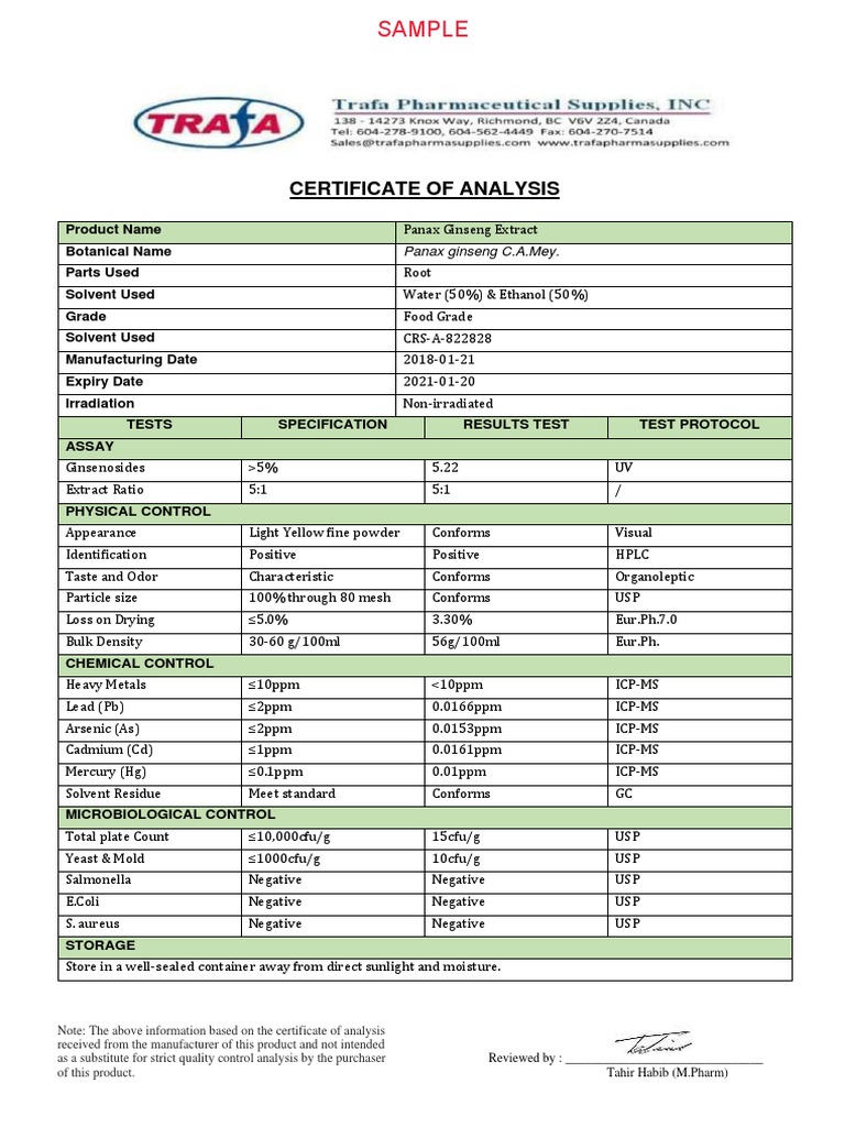 COA Panax Ginseng Ext | PDF | Chemistry | Physical Sciences