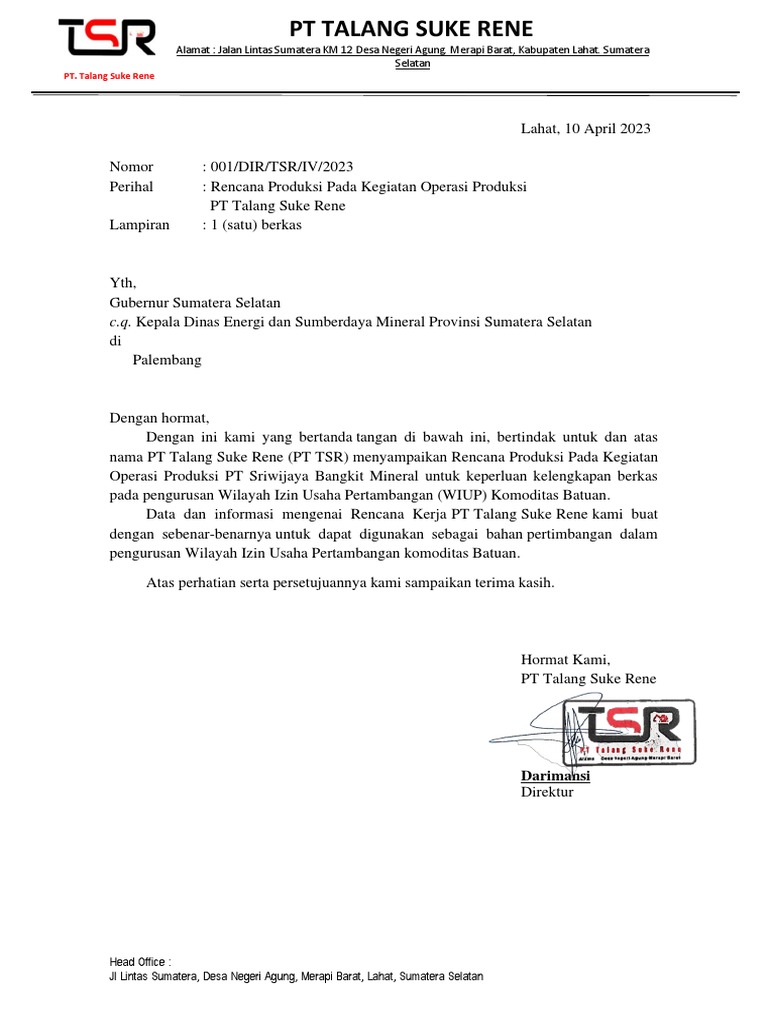 Rencana Produksi PT Talang Suke Rene | PDF