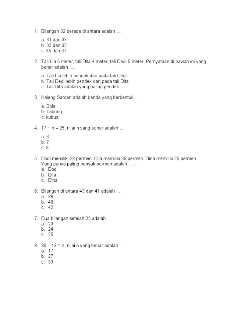 Latihan Soal Matematika SD Kelas 1 | PDF