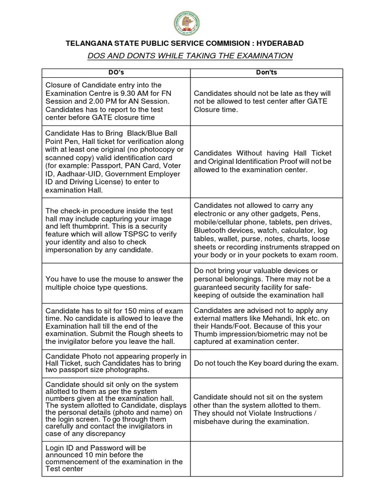 Instructions Dos and Donts TSPSC CBRT | PDF | Identity Document ...