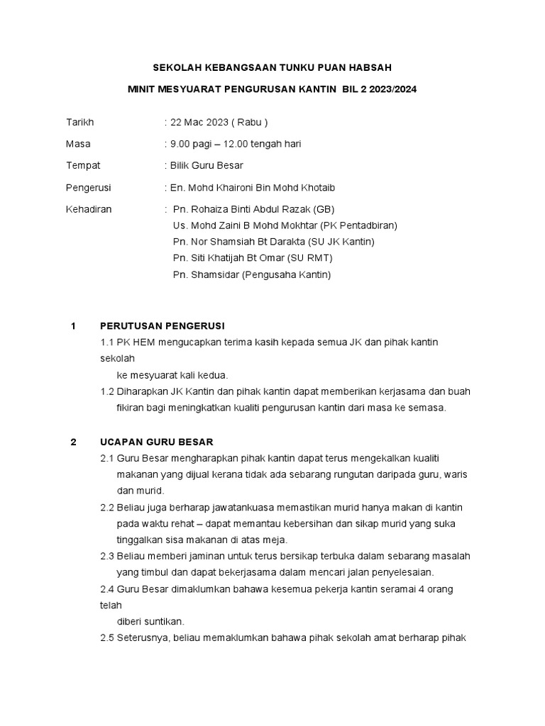 Minit Mesyuarat Kantin Kali Kedua New | PDF