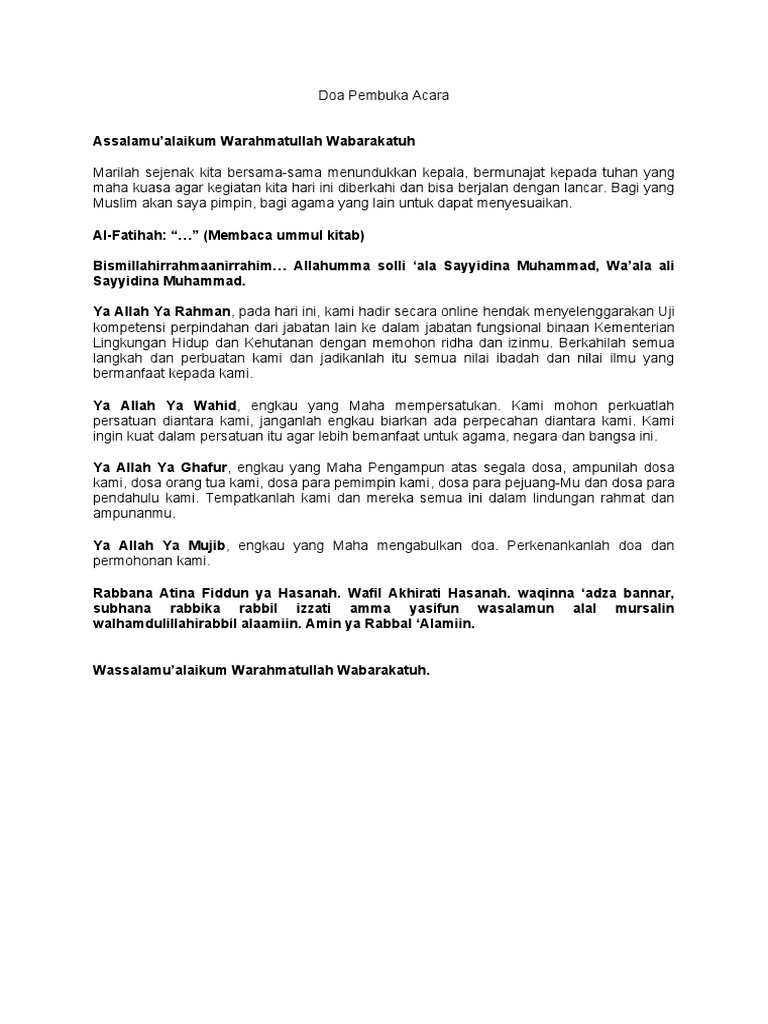 Doa Pembuka Acara Sosialisasi SDM LHK | PDF
