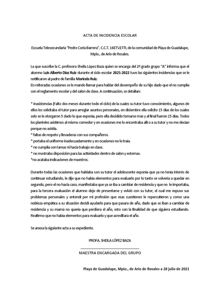 Acta de Incidencia Escolar Luis | PDF