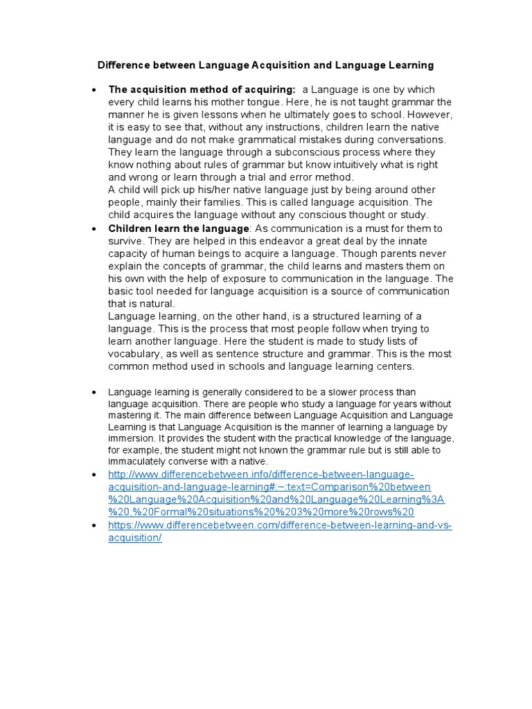 Difference Between Language Acquisition and Language Learning 3.0 | PDF ...