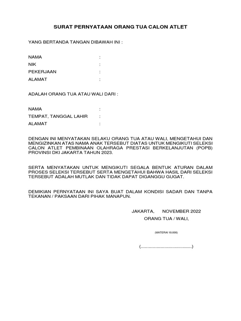 Surat Pernyataan Orangtua Calon Atlet 2023 | PDF