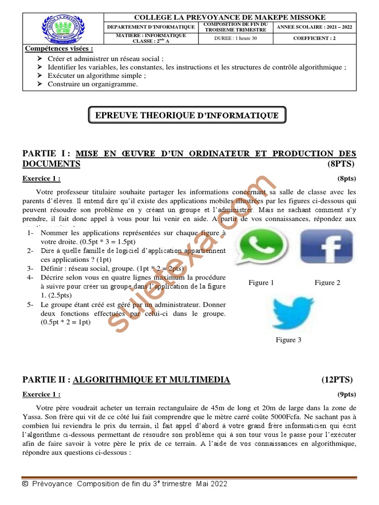 Departement D'Informatique Composition de Fin Du Troisieme Trimestre ...
