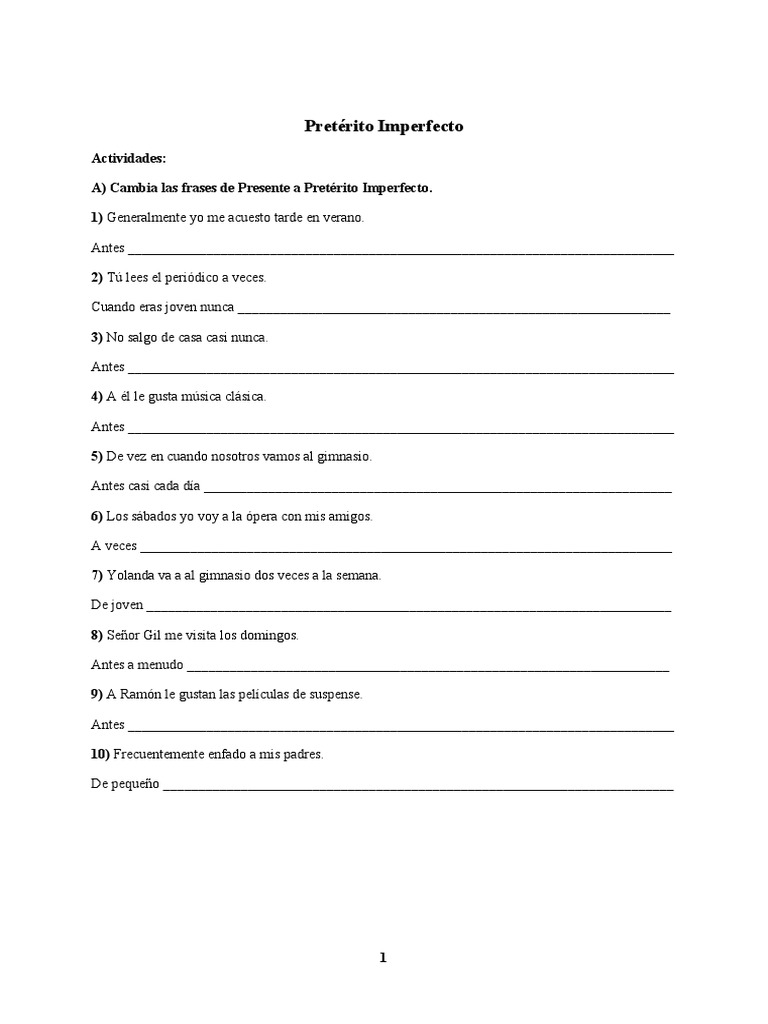 Pretérito Imperfecto Ejercicios | PDF