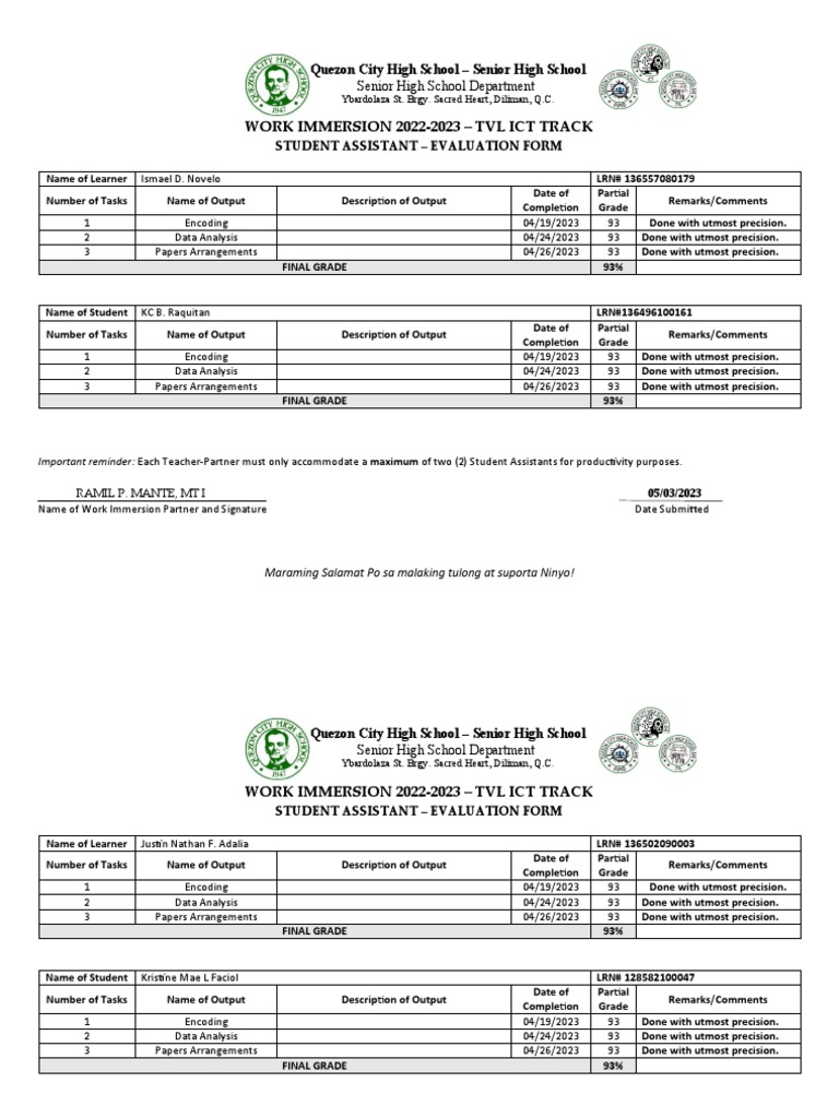 Work Immersion Evaluation Form 2023 | PDF