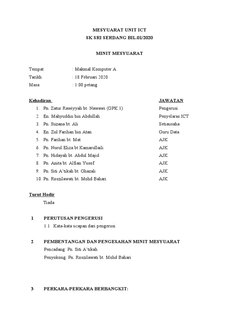 Minit Mesyuarat Ict 2020 | PDF