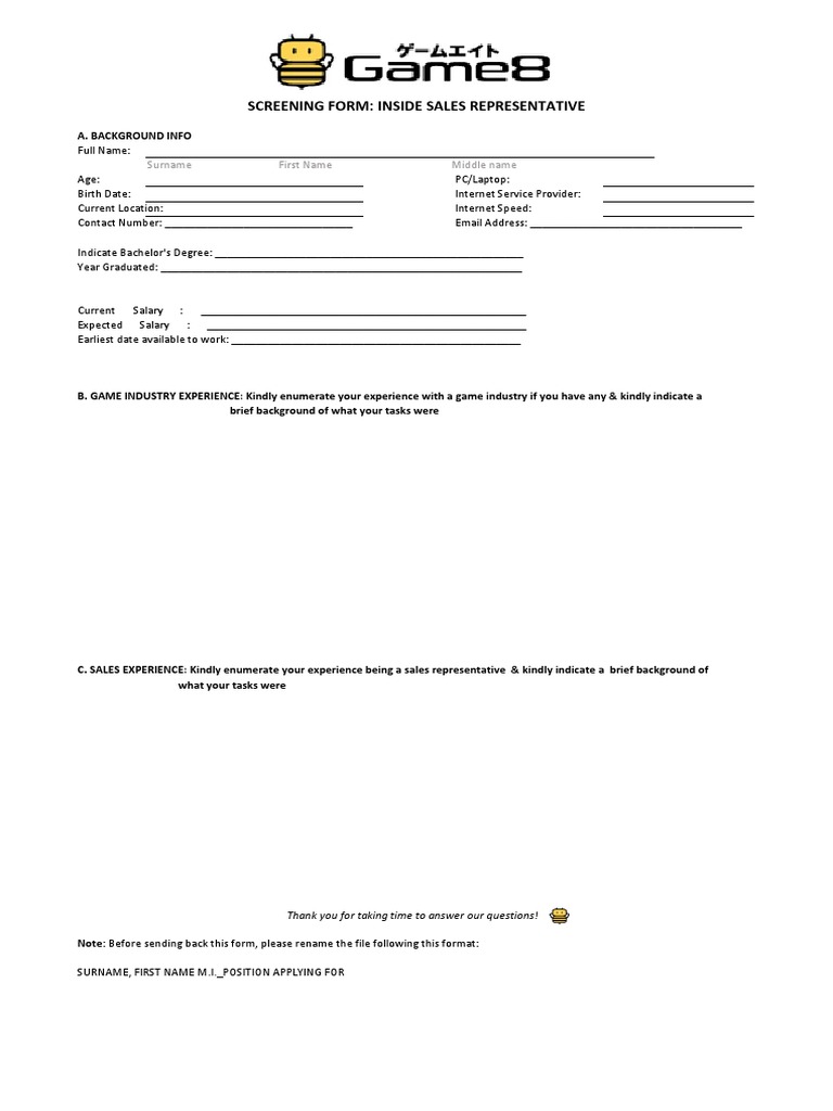 Screening Form - Inside Sales Representative | PDF