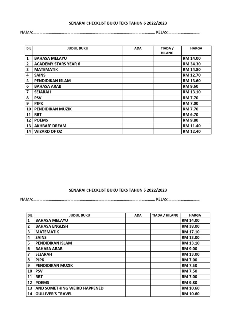 Senarai Checklist Buku Teks Tahun 2022 | PDF