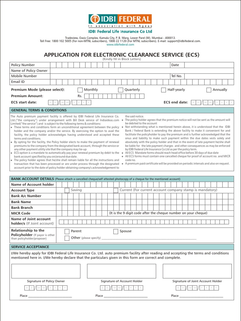 Application For Electronic Clearance Service (Ecs) | PDF | Insurance ...