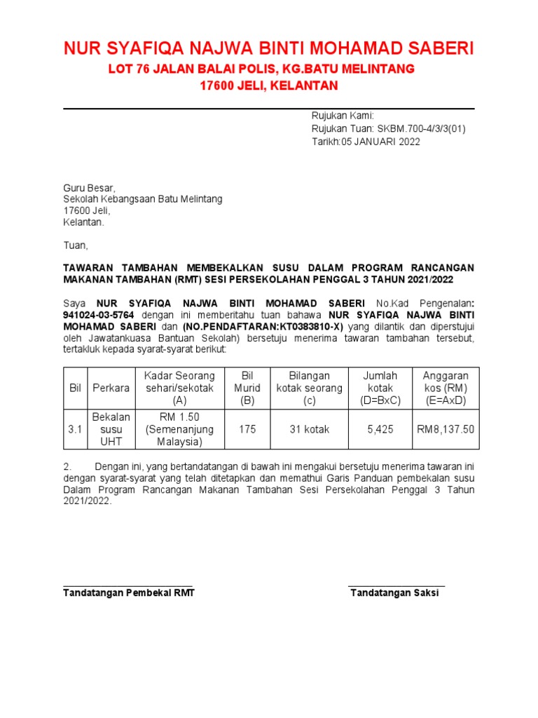 Surat Setuju Terima Susu RMT | PDF