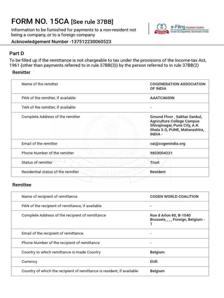 Form 15CA - Filed Form | PDF | Income Tax | Taxes