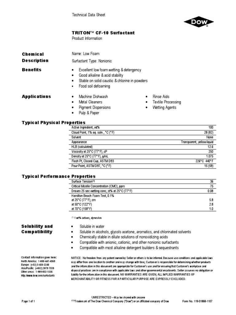 Triton cf10 Surfactant Tds | PDF | Surfactant | Chemistry